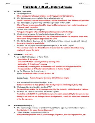History of Europe Study Guide Key | DOC