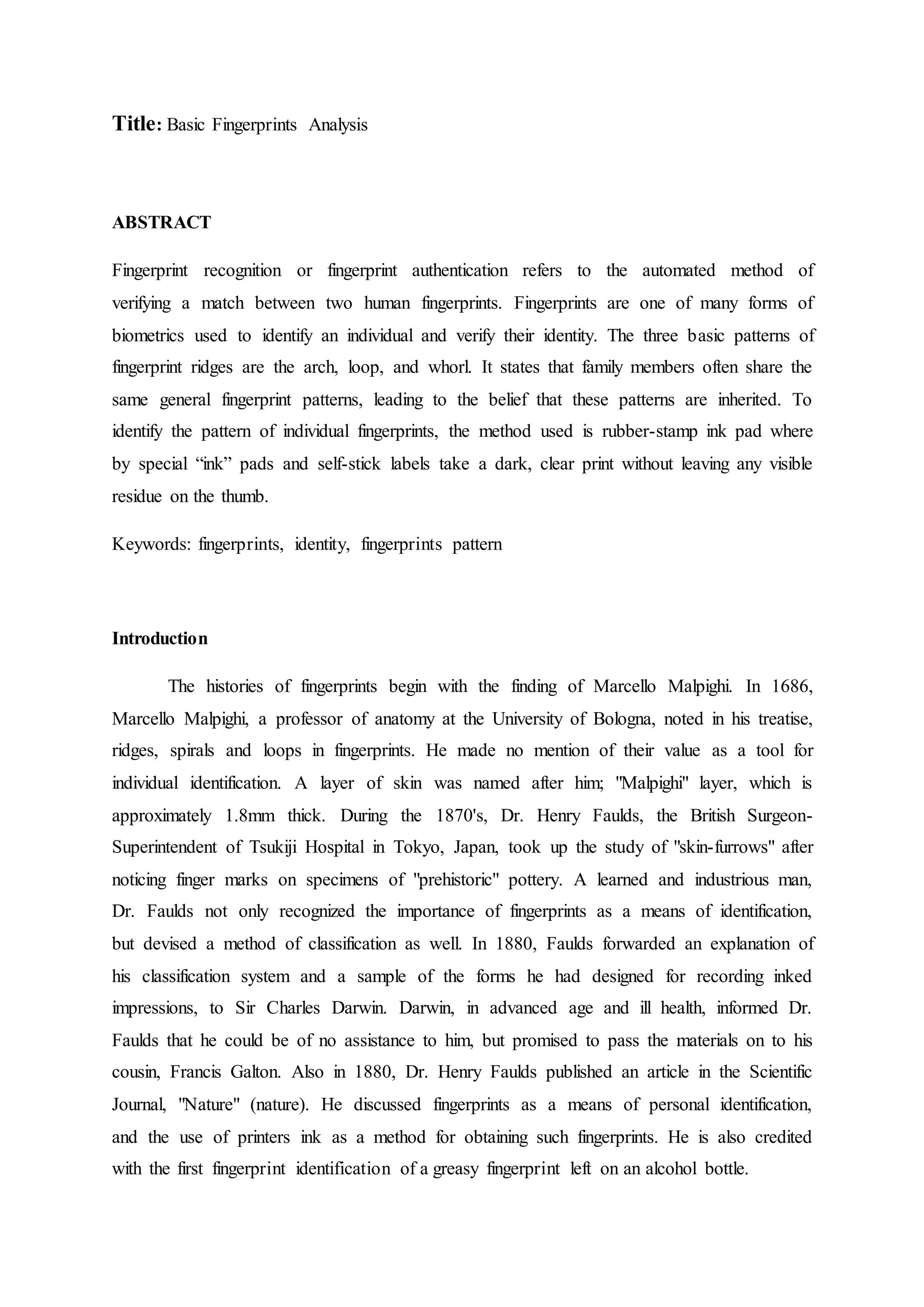 Basic Fingerprints Classification And Analysis | DOCX