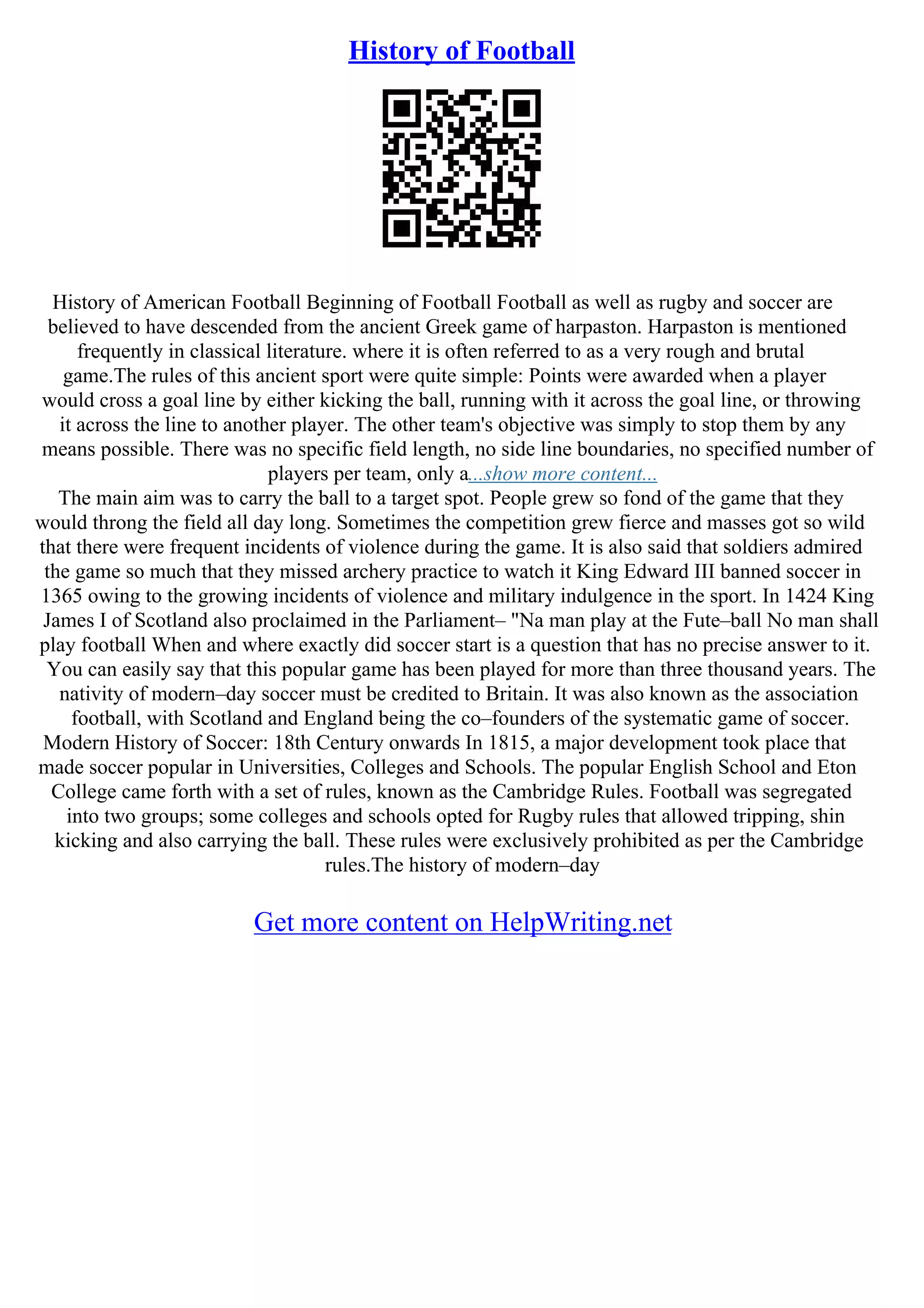 History Of Football Essay | PDF