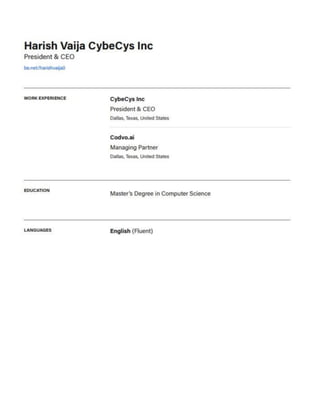 History and career of Harish Vaija CybeCys Inc | PDF