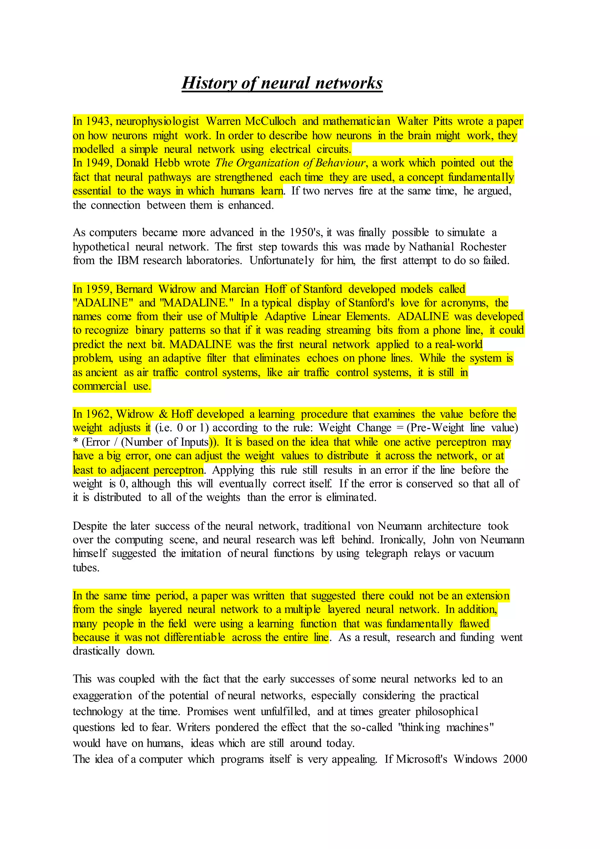 History of neural networks | DOCX