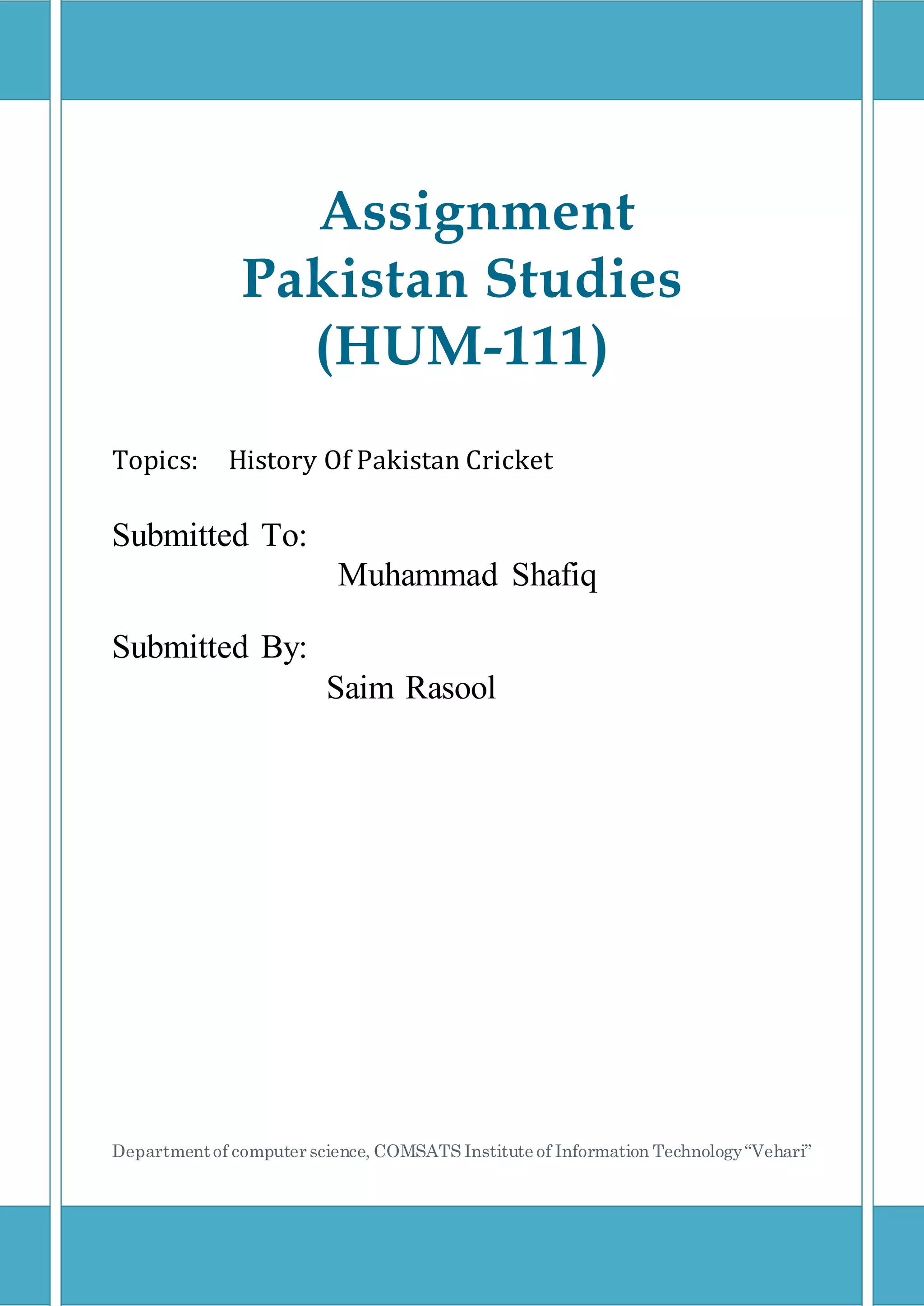 History of pakistan cricket | DOCX