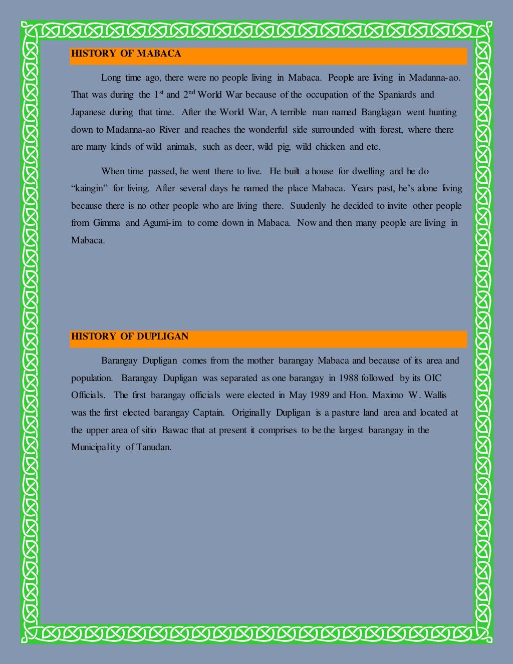 History of different Barangays of Tanudan