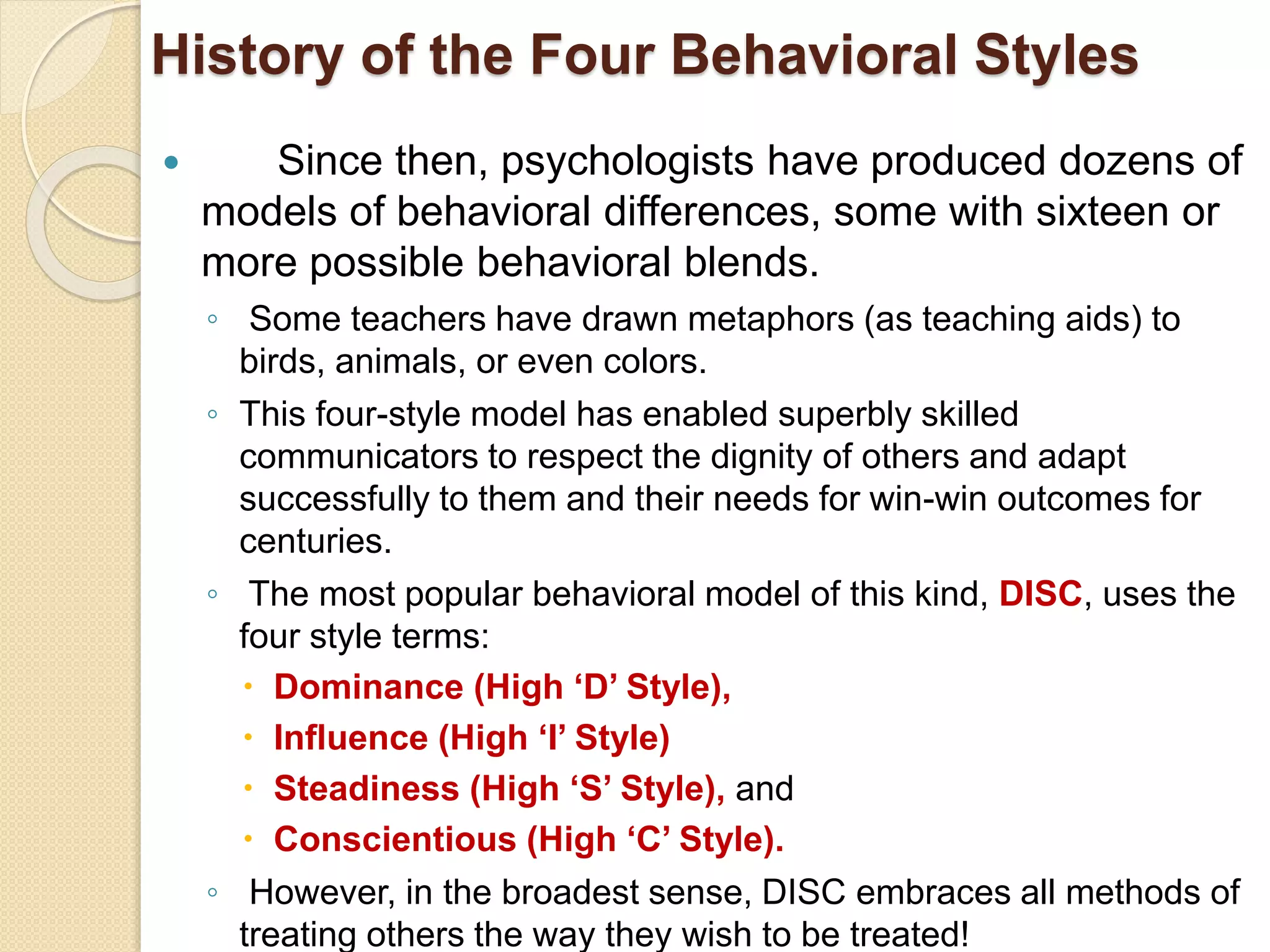 History of the four behavioral styles | PPTX | Mental Health | Diseases ...