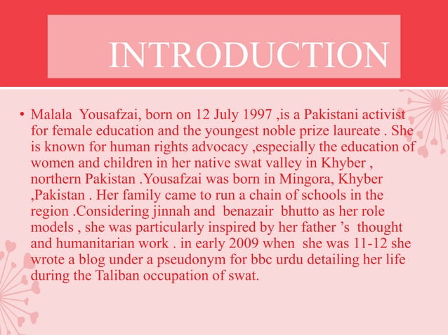 ppt on malala yousafsai history | PPTX | Injuries | Diseases and Conditions