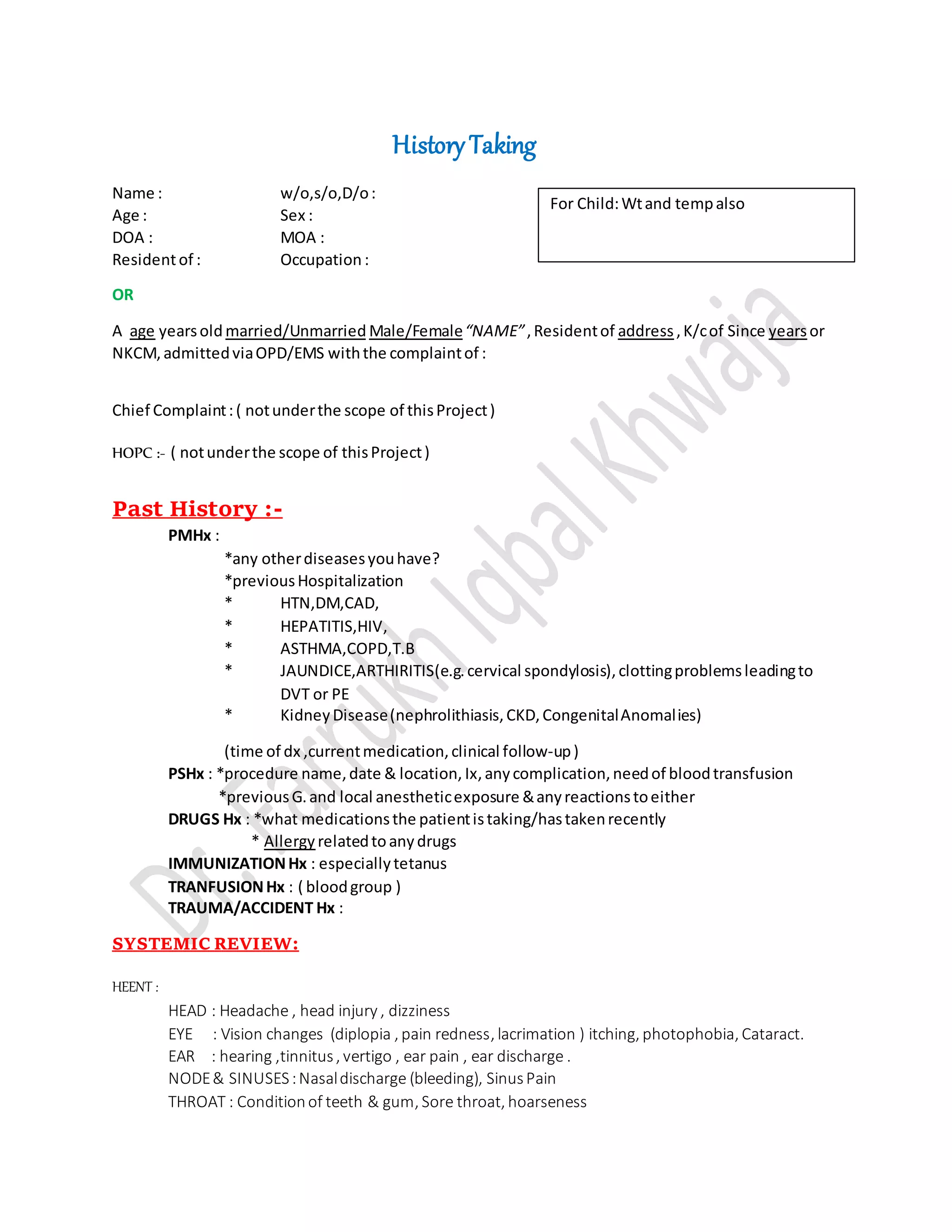 History taking (Easy Systemic Review) (Surgery Oriented) | PDF