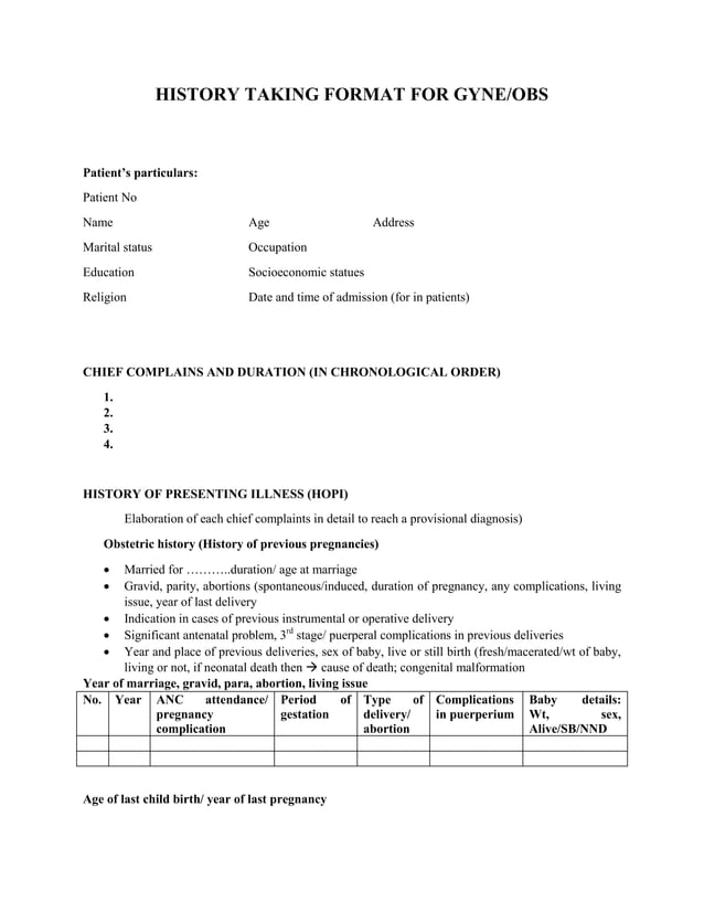 History taking format for gyne | PDF | Pregnancy | Reproductive Health