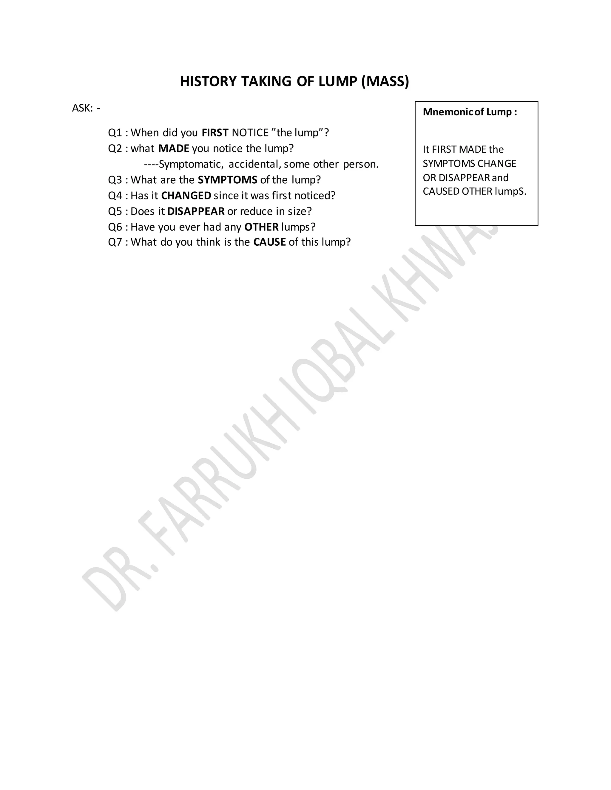 History taking of lump (Mass) | DOCX