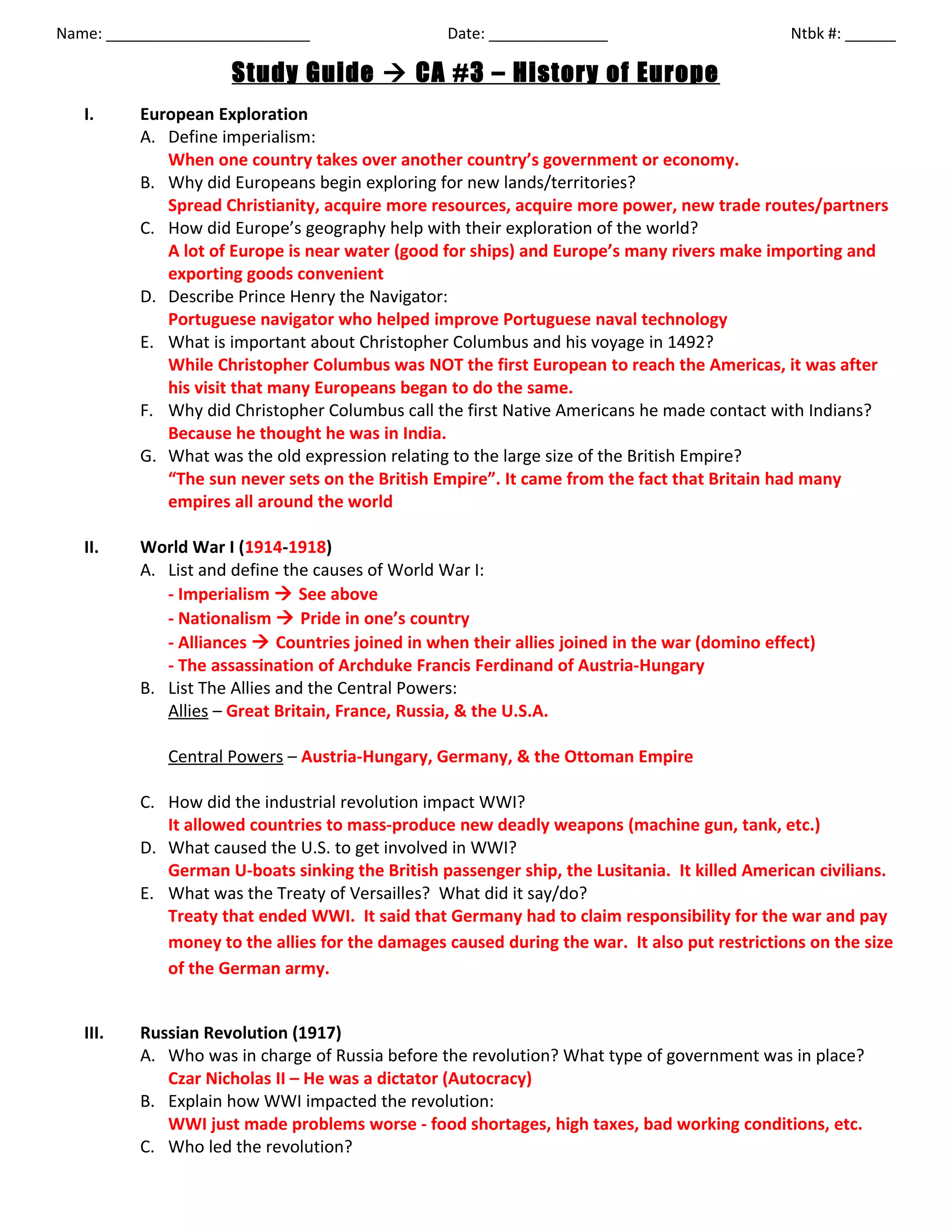 Histry of europe study guide key | DOC