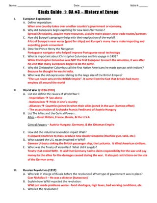 Histry of europe study guide key | DOC