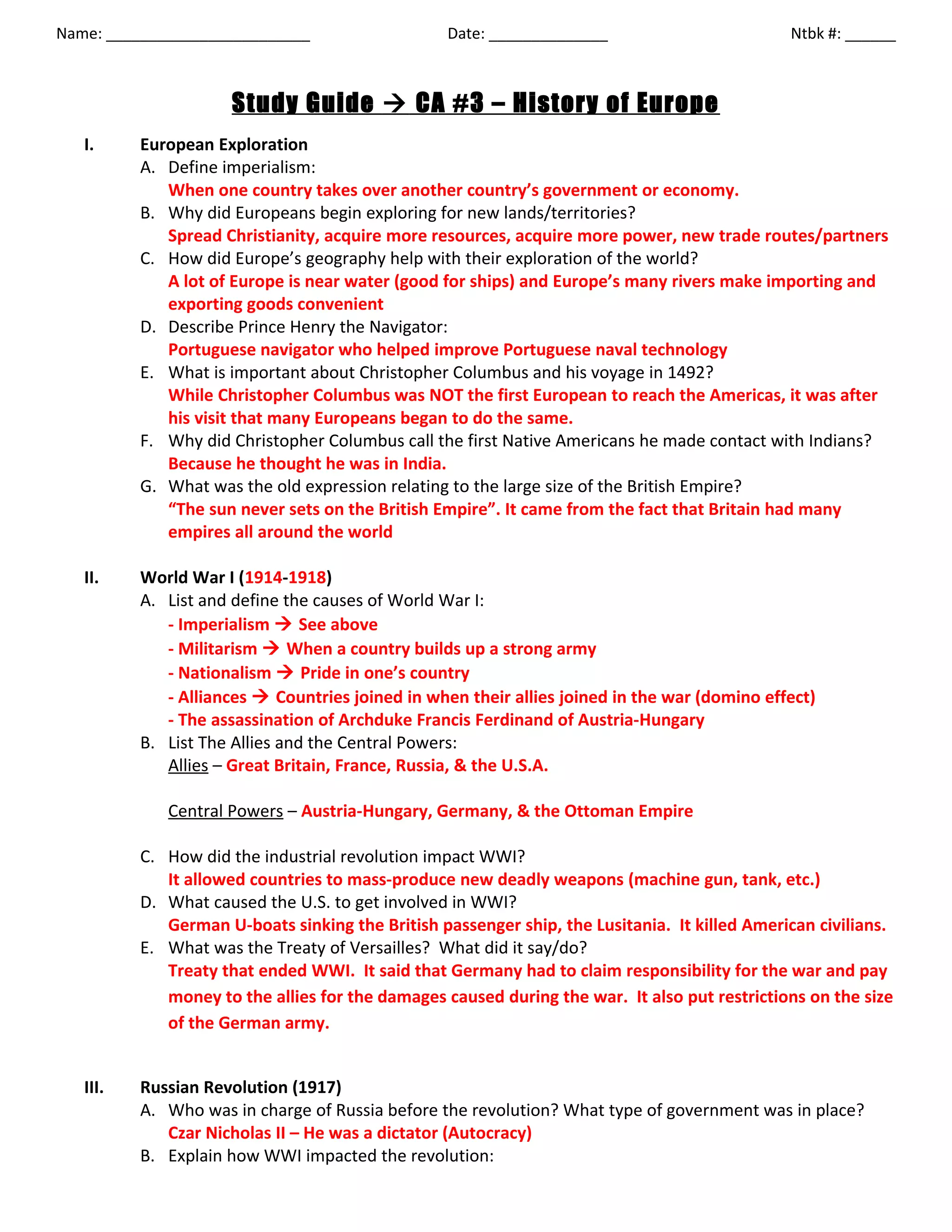 History of Europe study guide key | DOC