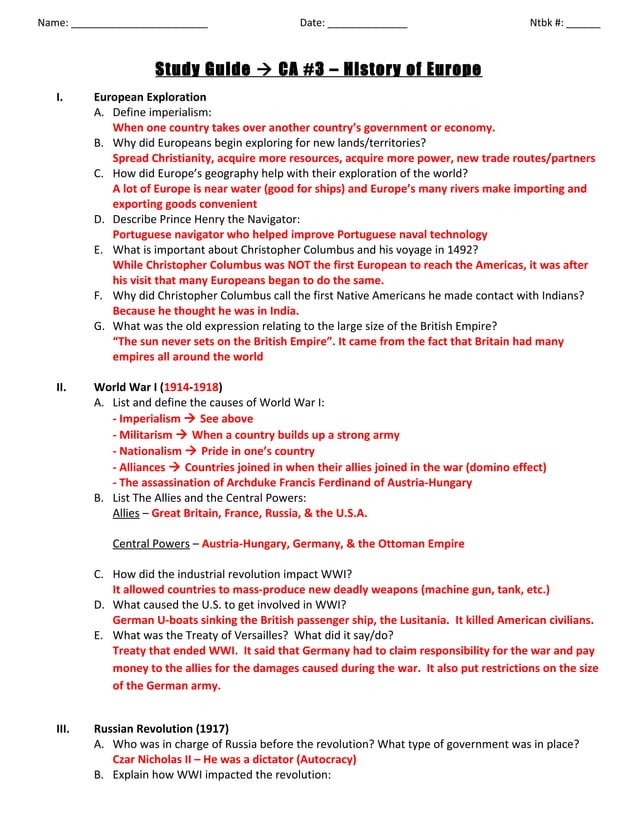 History of Europe study guide key | DOC