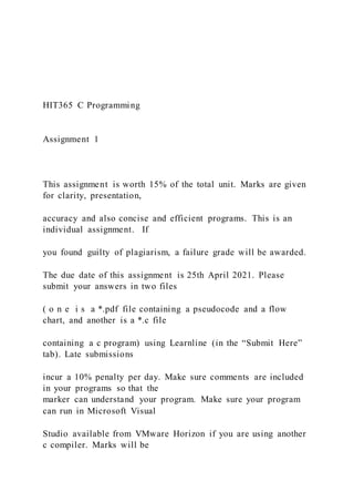 HIT365 C Programming Assignment 1 This assig | PDF