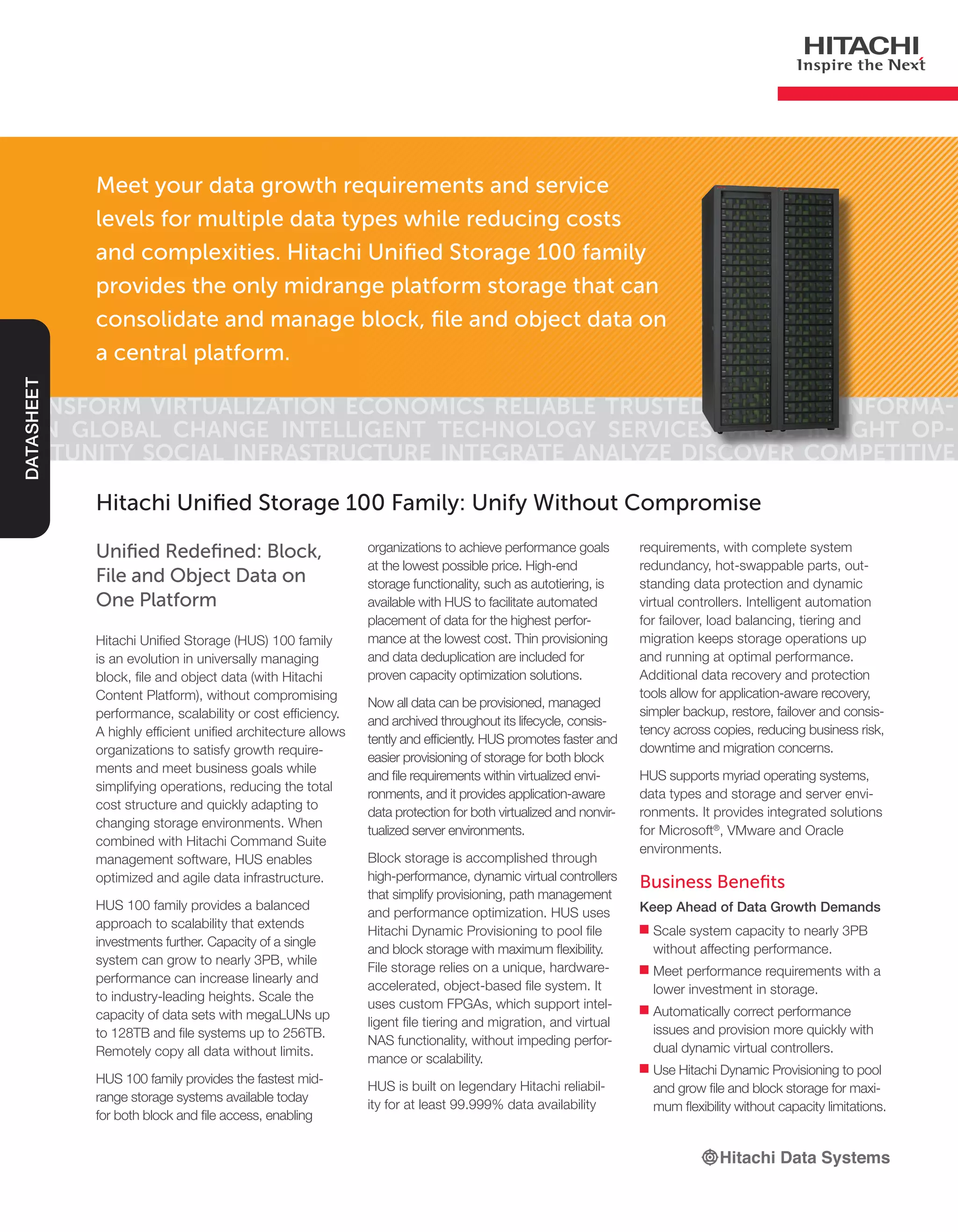 Hitachi Unified Storage 100 Family: Unify Without Compromise -- Datasheet | PDF