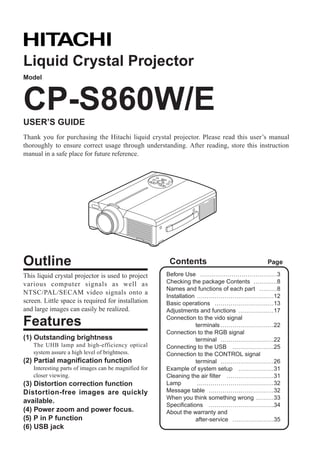 Hitachii cp s860e lcd projector manual | PDF