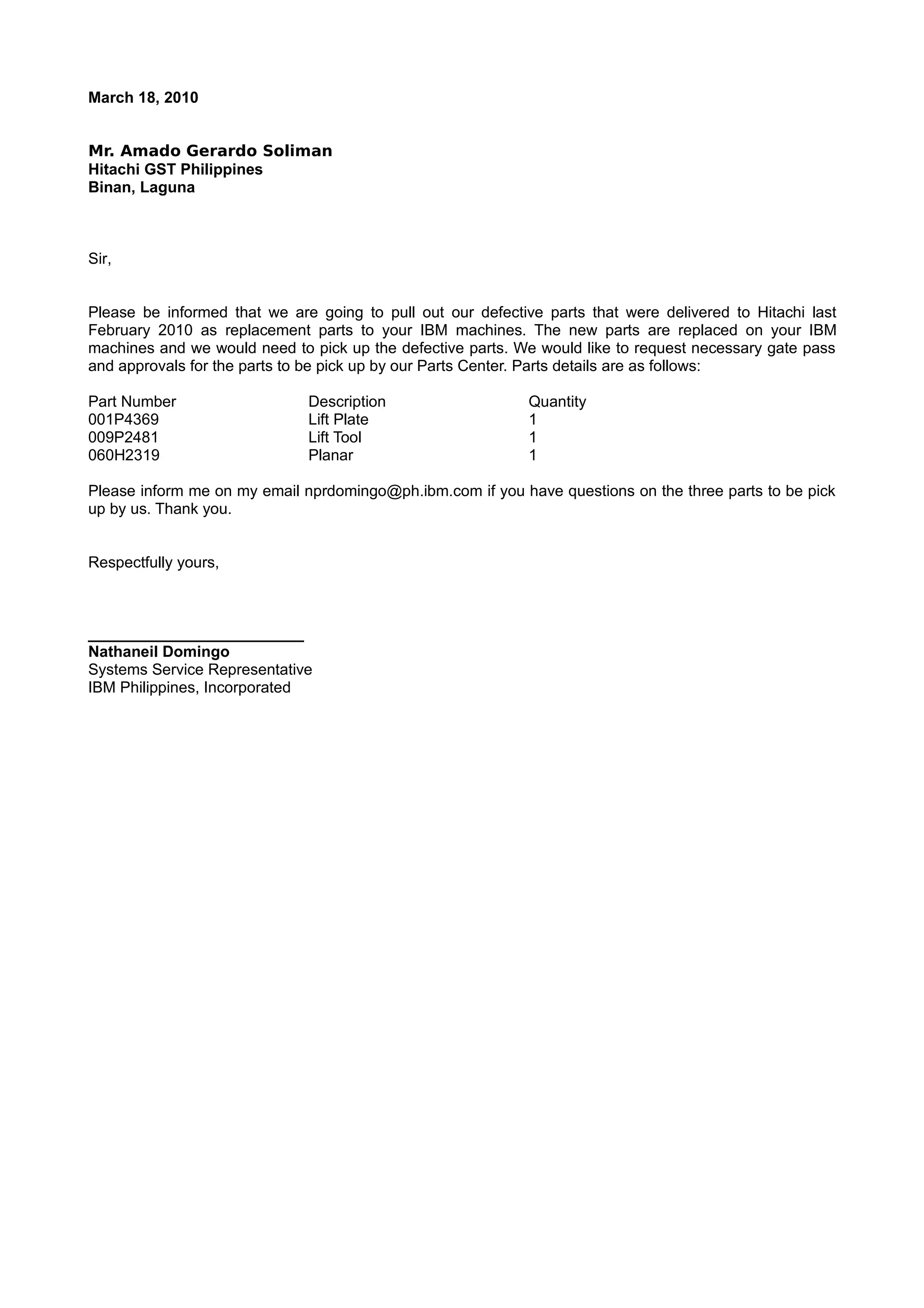 Hitachi parts pull out request letter | PDF