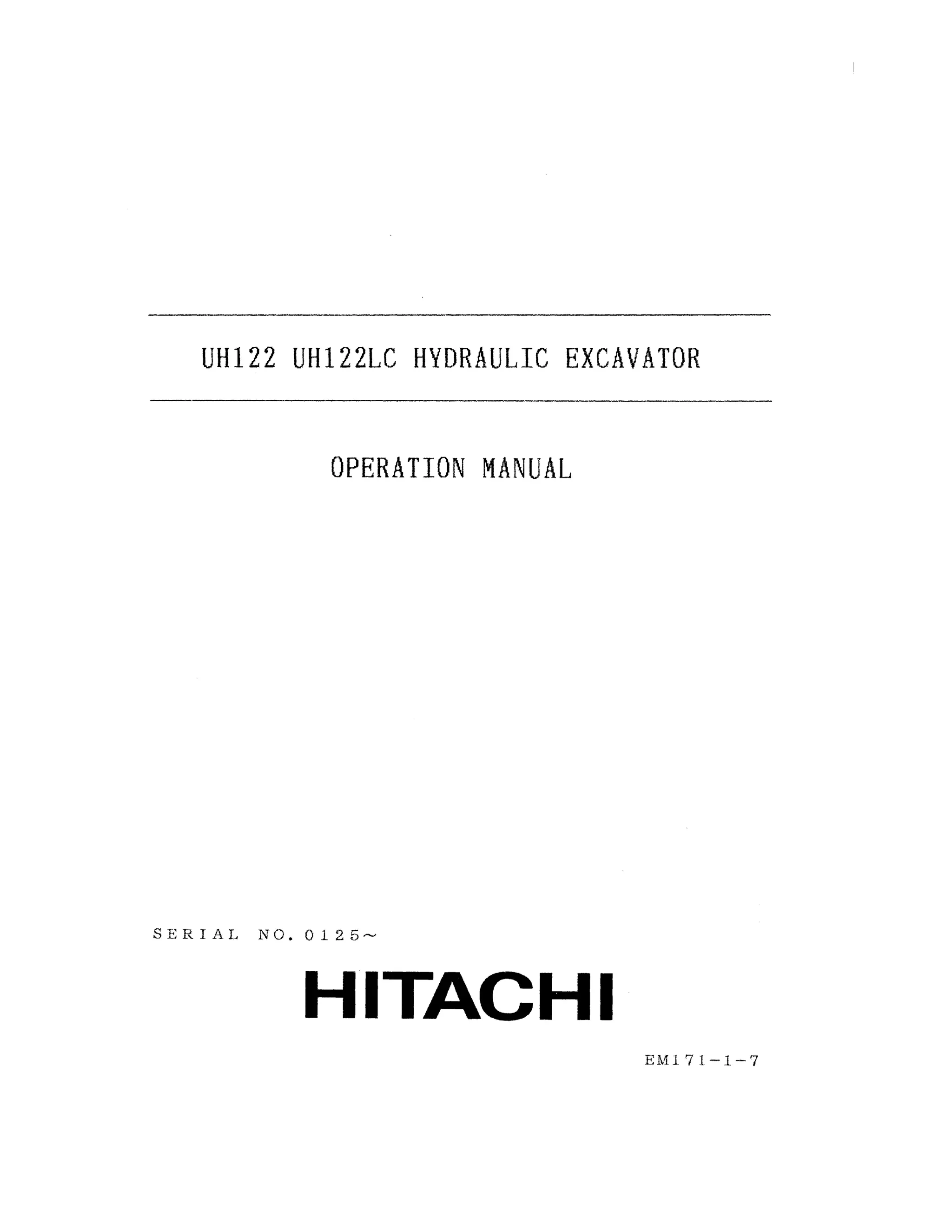 Hitachi UH122LC Hydraulic Excavator operator’s manual Serial No. 0125 ...