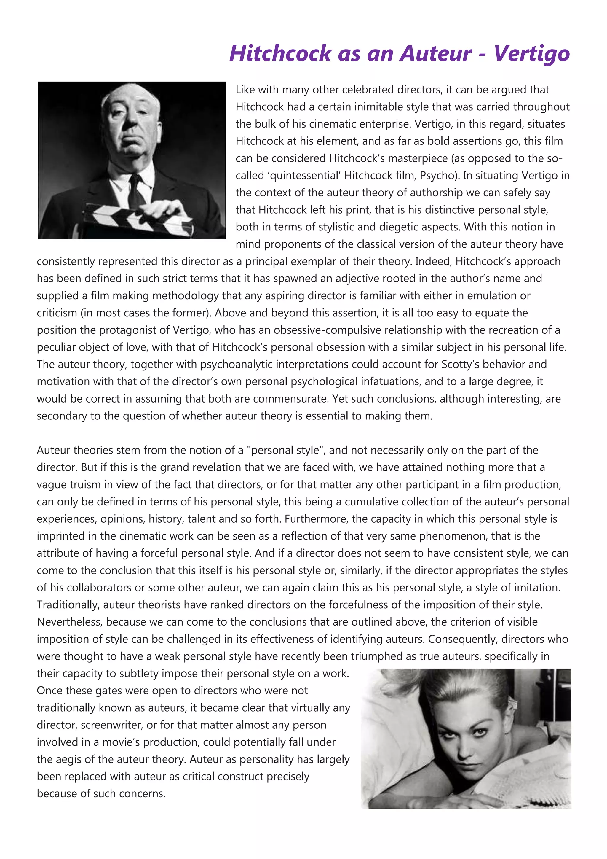 Hitchcock as an auteur handout | DOCX