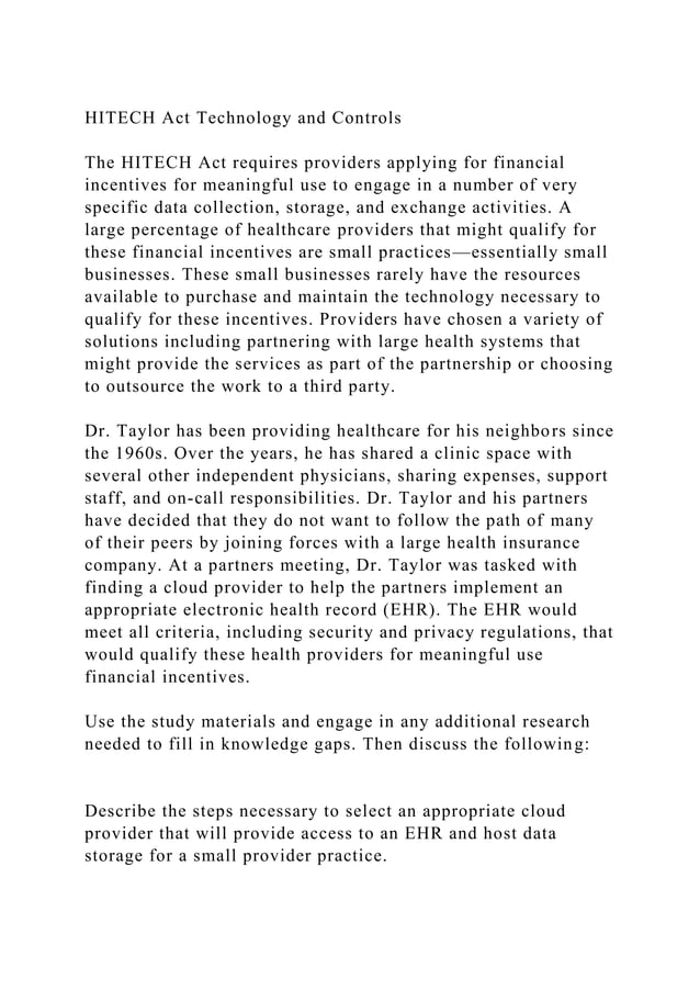 HITECH Act Technology and ControlsThe HITECH Act requires provid | PDF