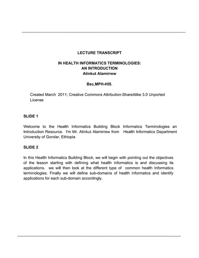 Health Informatics Terminologies: an Introduction Transcript. | DOC | Computing | Technology ...