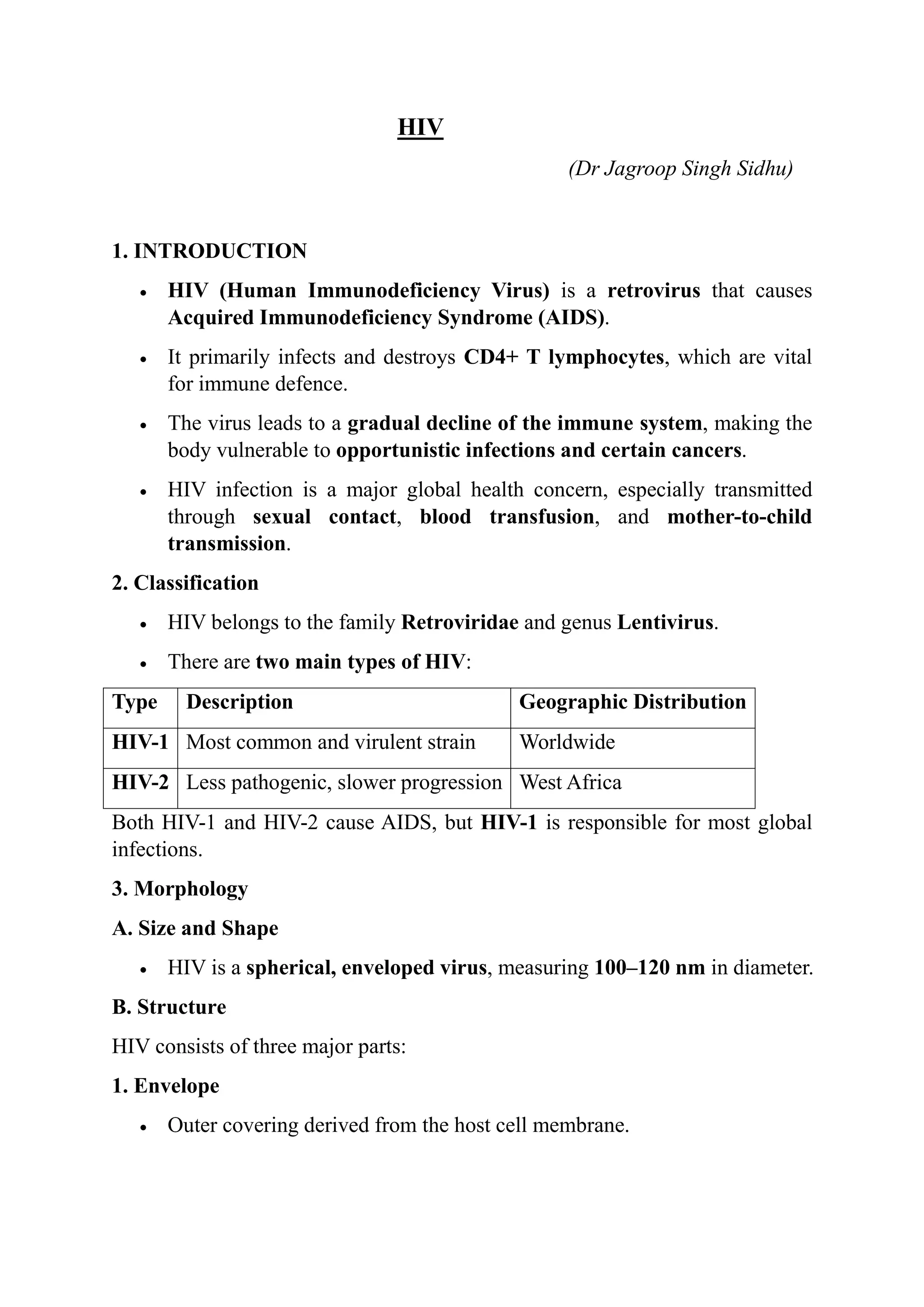 HIV Virus, defination, morphology,types, lab diagnosis | PDF