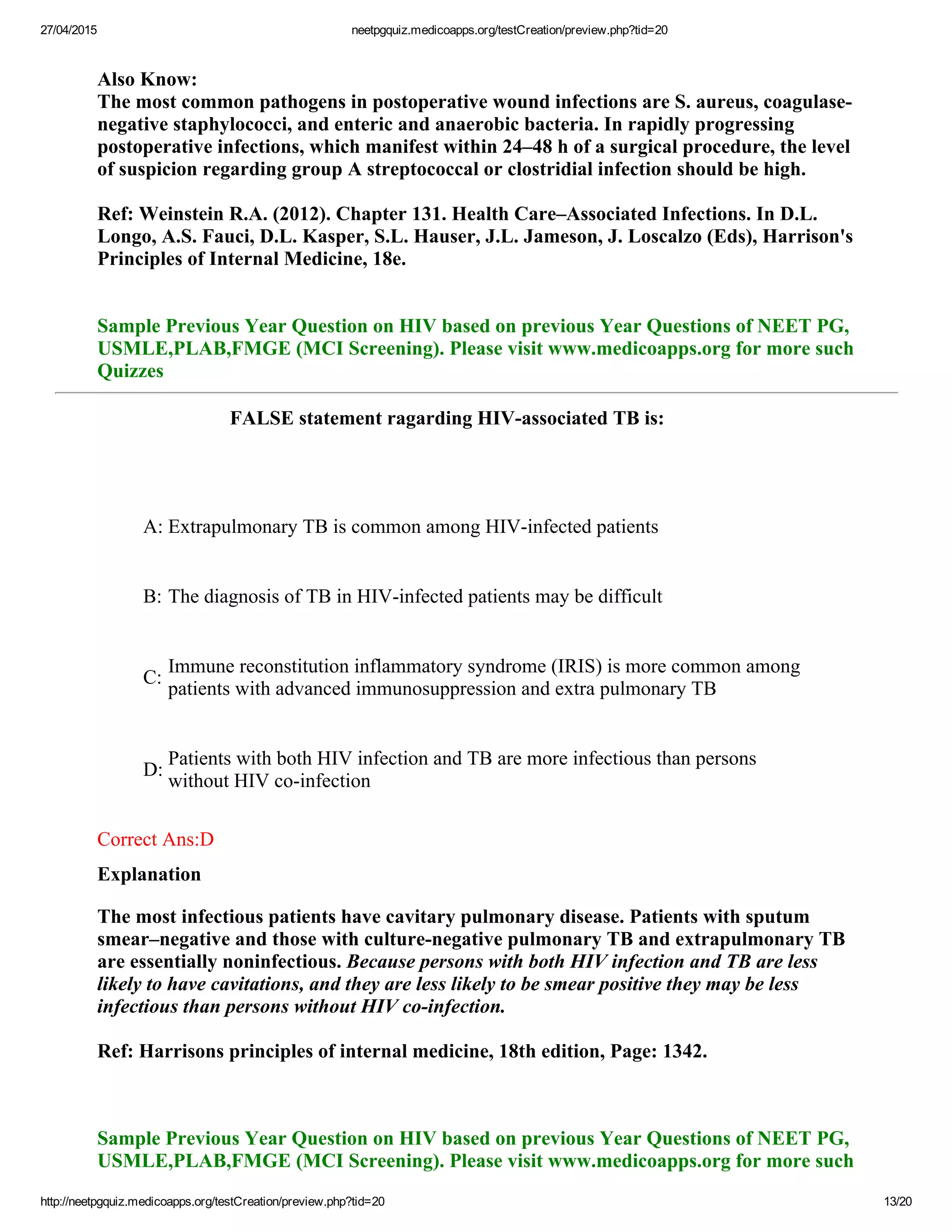 Hiv aids sample questions based on neet pg , usmle, plab and fmge ...