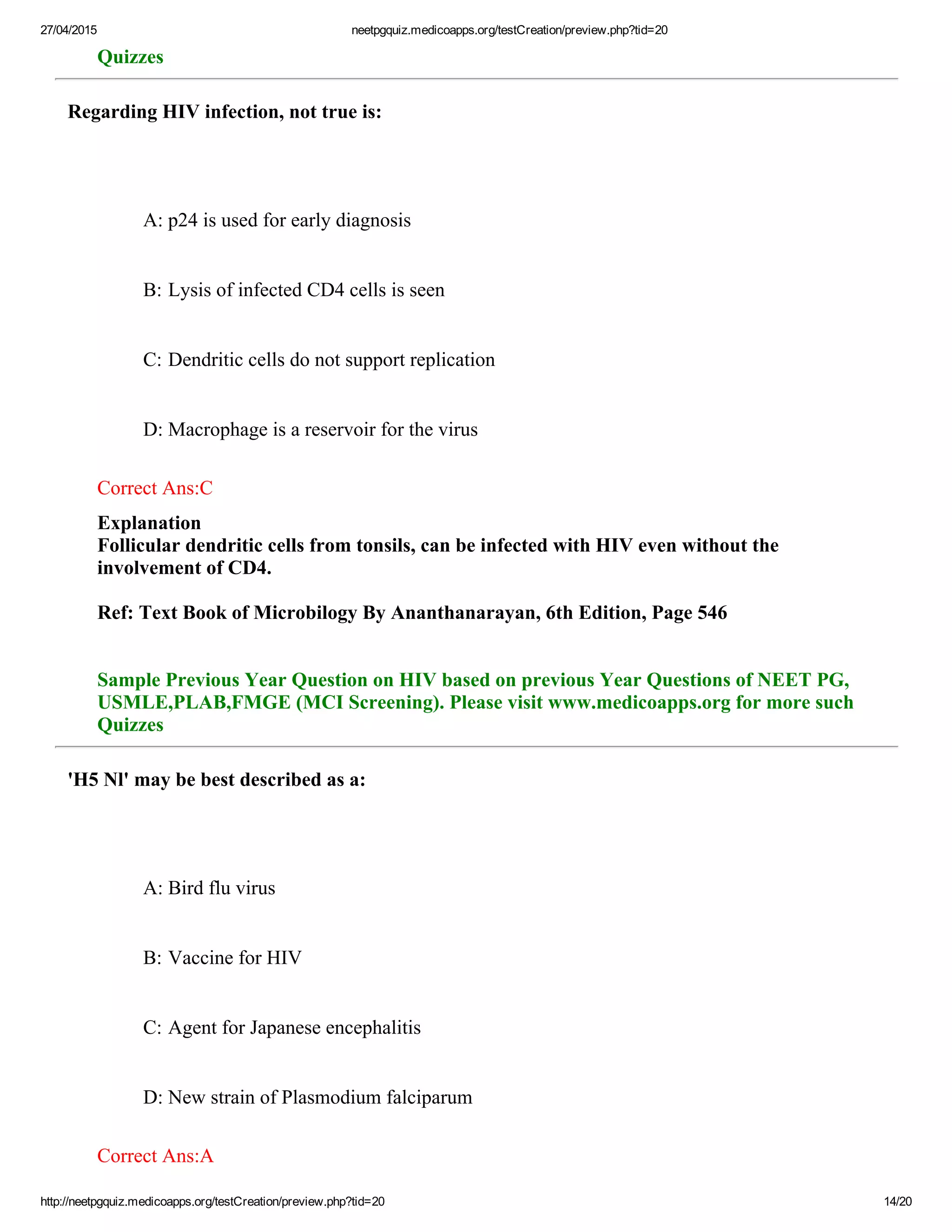 Hiv aids sample questions based on neet pg , usmle, plab and fmge ...