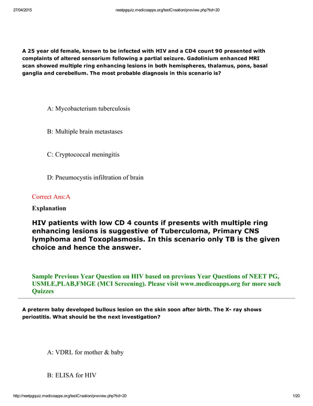 Hiv aids sample questions based on neet pg , usmle, plab and fmge ...