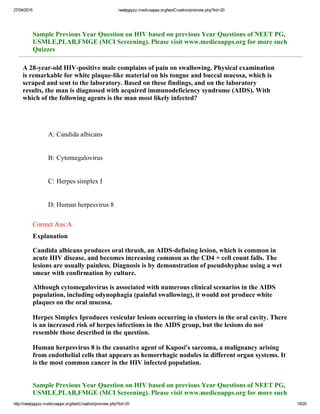 Hiv aids sample questions based on neet pg , usmle, plab and fmge ...