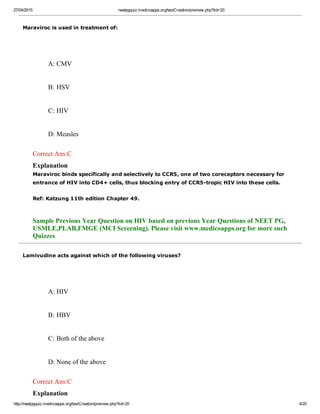Hiv aids sample questions based on neet pg , usmle, plab and fmge ...