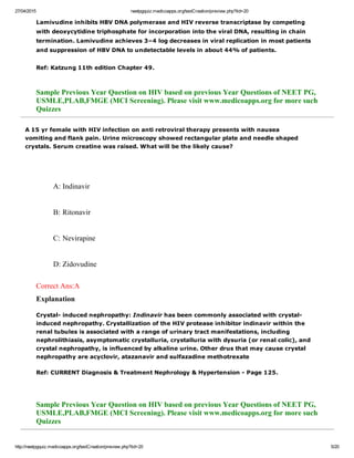 Hiv aids sample questions based on neet pg , usmle, plab and fmge ...