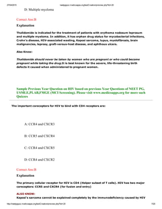 Hiv aids sample questions based on neet pg , usmle, plab and fmge ...