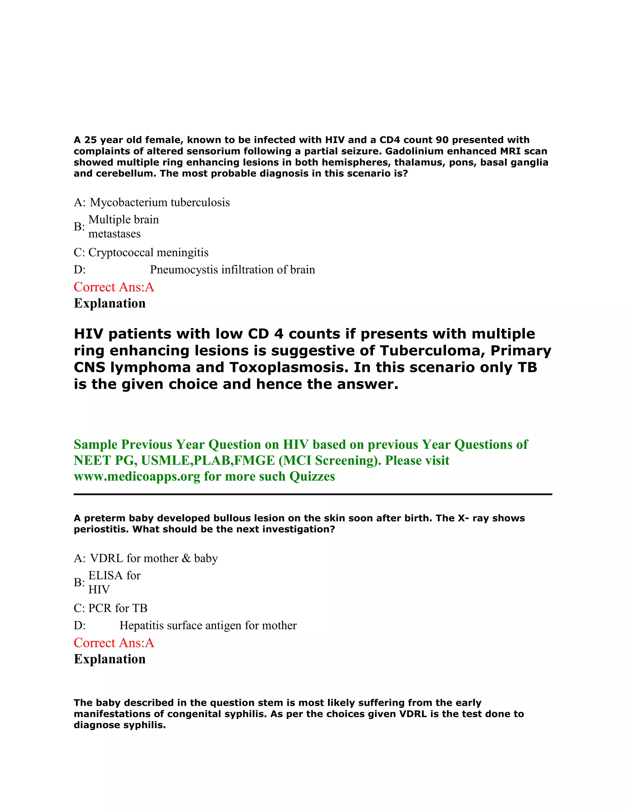 Hiv aids sample questions based on neet pg , usmle, plab and fmge ...