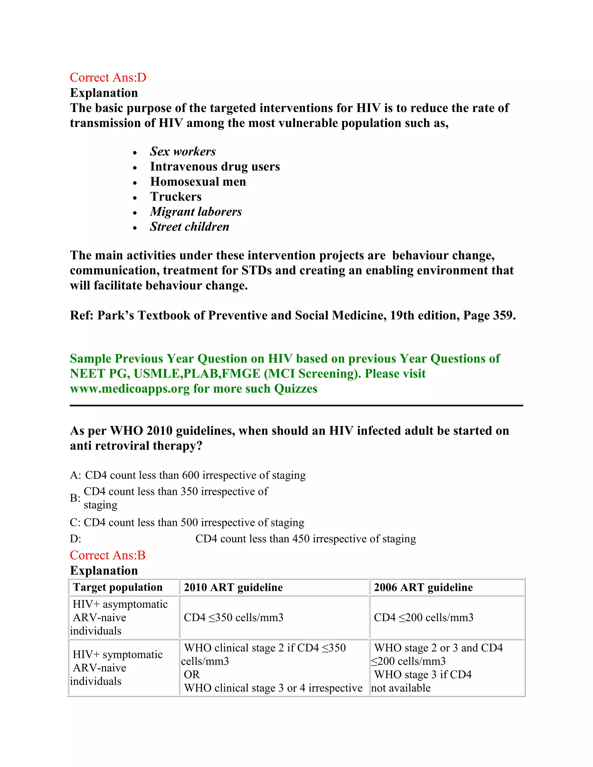 Hiv aids sample questions based on neet pg , usmle, plab and fmge ...