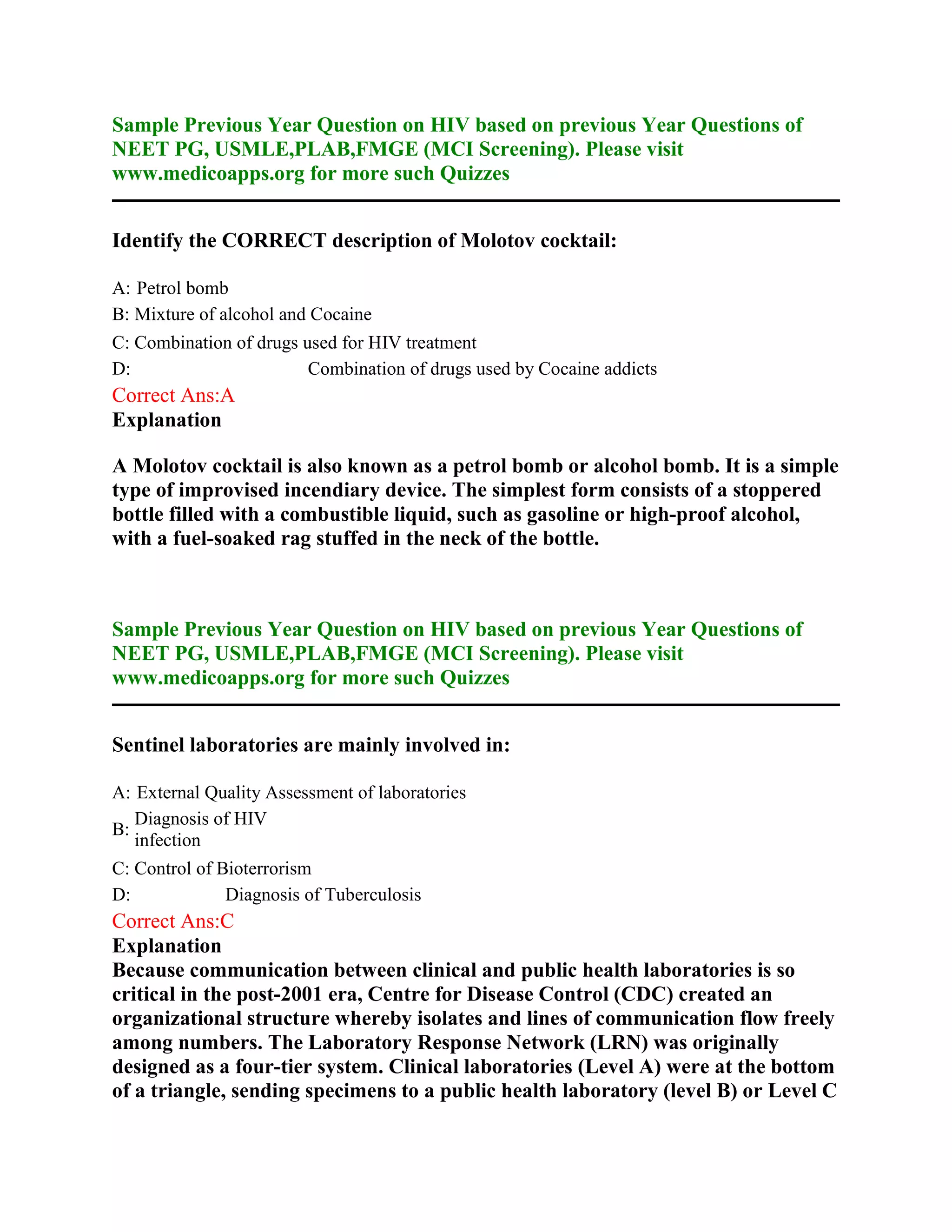 Hiv aids sample questions based on neet pg , usmle, plab and fmge pattern (mci screening) final ...