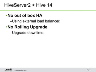 HiveContributorMeetupApril2015-HiveServer-HA-RollingUpgrade.pptx
