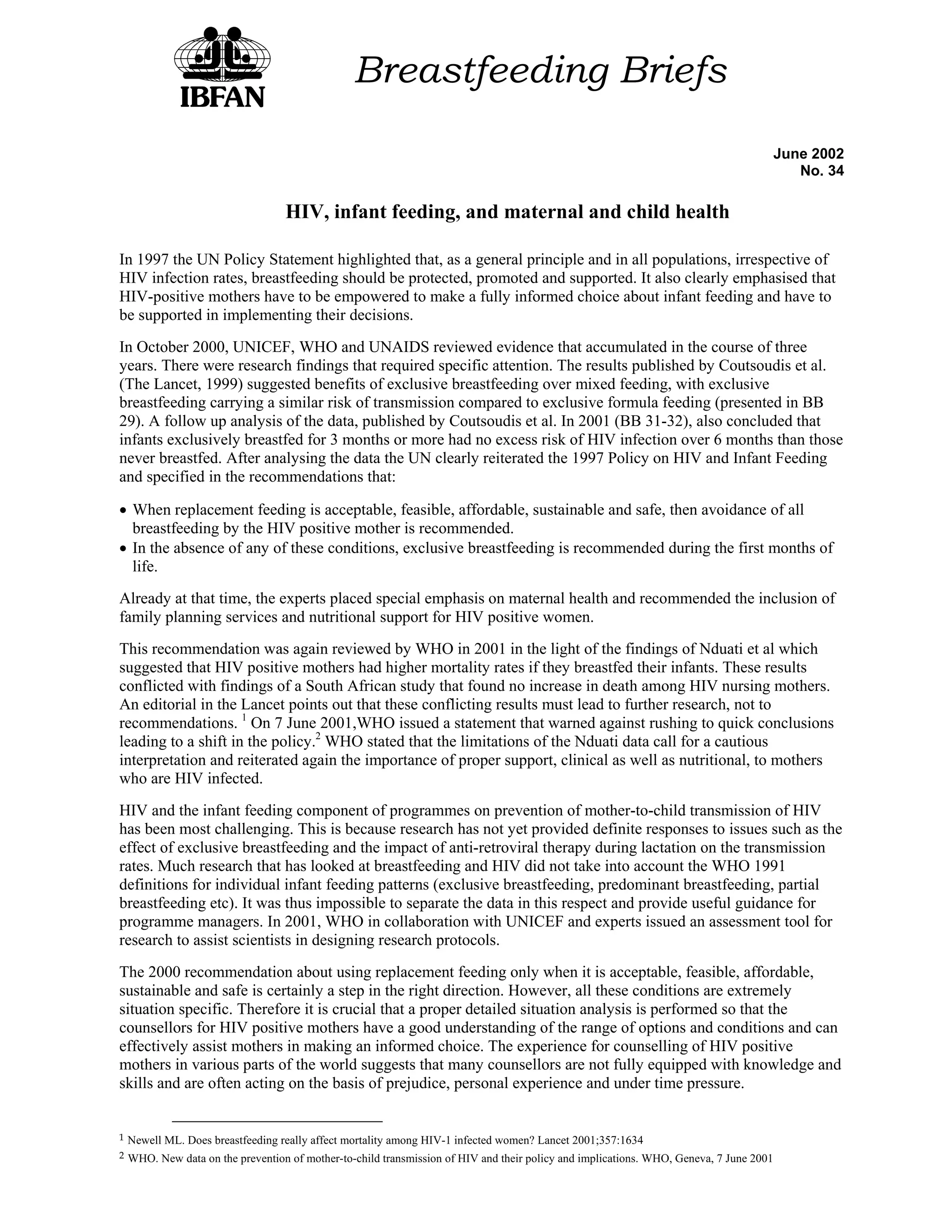 Hiv, Infant Feeding, And Maternal And Child Health | PDF