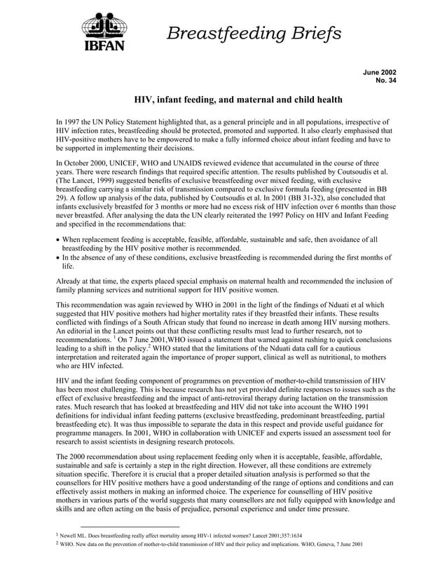 Hiv, Infant Feeding, And Maternal And Child Health | PDF