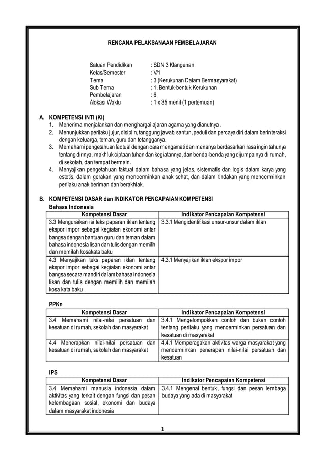 rpp kelas 5 tema 3 subtema 1 pembelajaran 6 | PDF