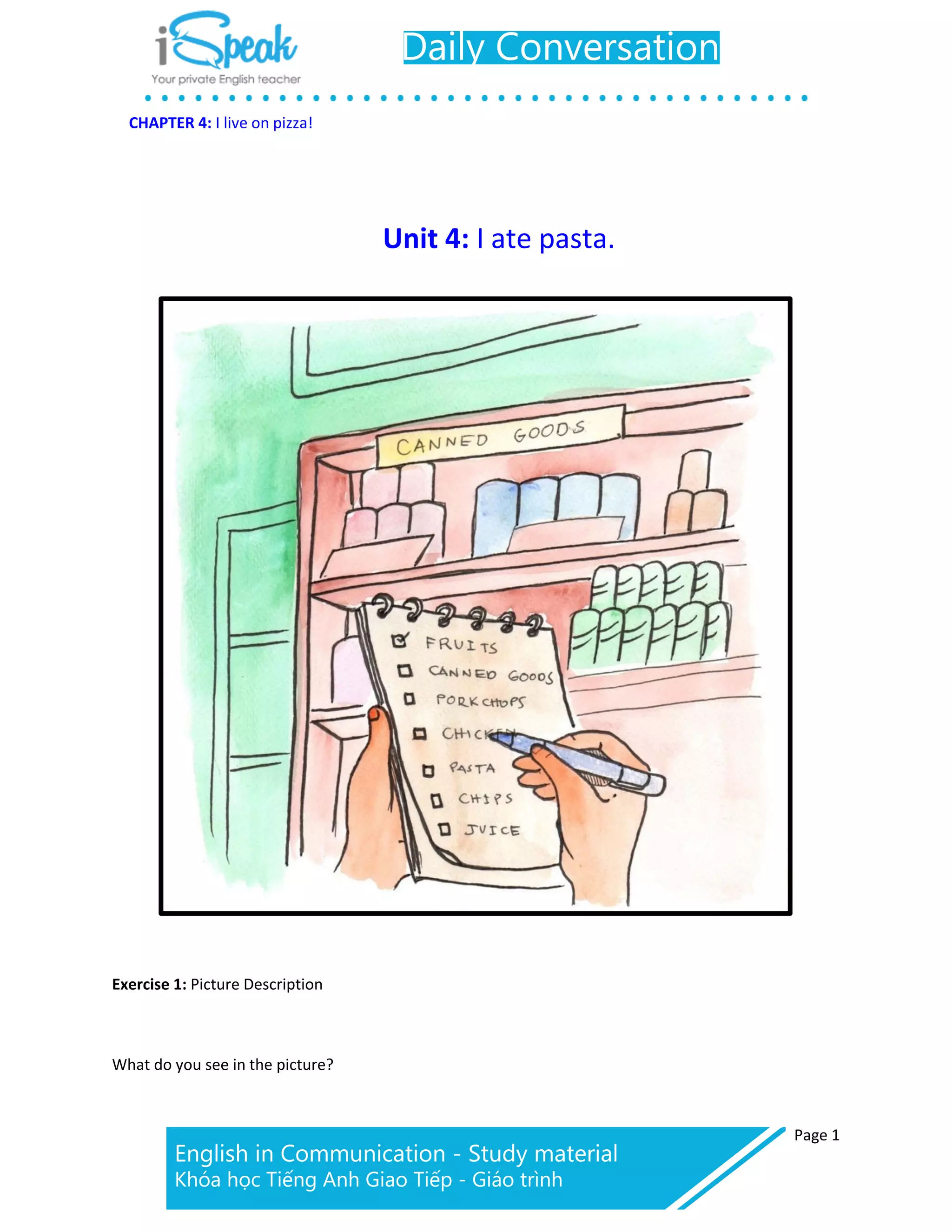 Chapter 4 unit 4. i ate pasta | PDF