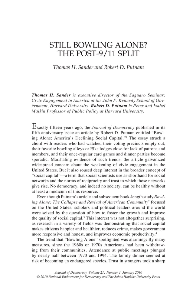 HKS Robert Putnam still bowling alone | PDF | Civic affairs | Politics