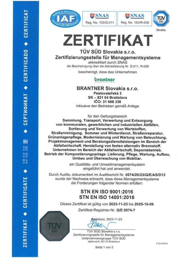 Certifikát STN EN ISO 9001:2016 a Certifikát STN EN ISO 14001:2016 BRANTNER Slovakia | PDF