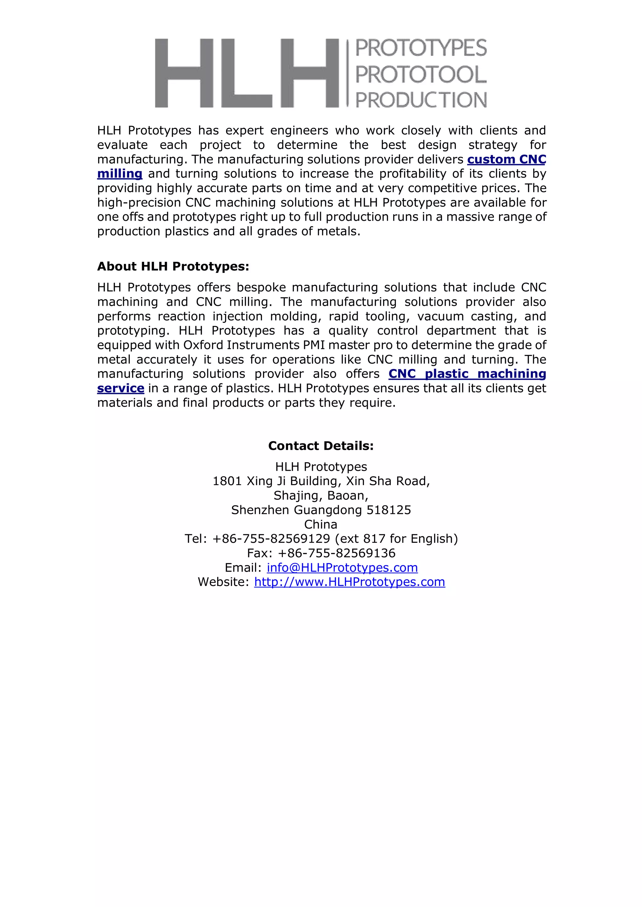 Hlh prototypes offering custom services for cnc milling and plastic machining | PDF