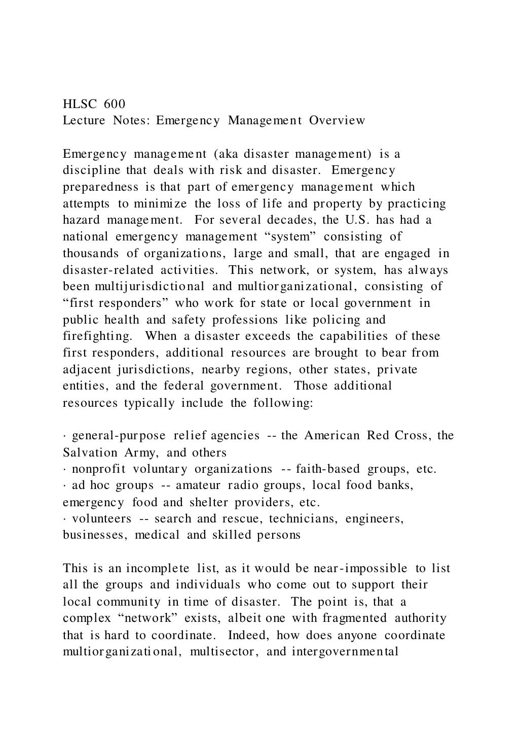 HLSC 600Lecture Notes Emergency Management OverviewEmergenc | PDF