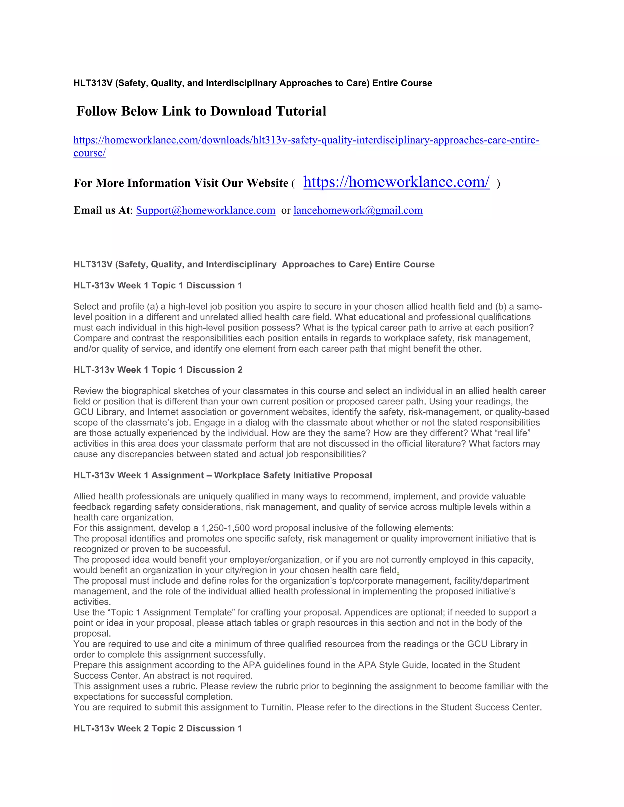 Hlt313 v (safety, quality, and interdisciplinary approaches to care) entire course | PDF