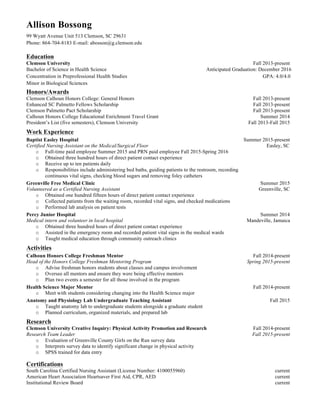 College Resume for HLTH 4190 | PDF