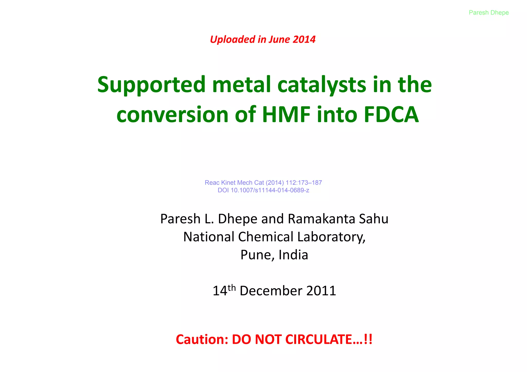 Supported Metal Catalysts in the Conversion of HMF into FDCA | PDF ...