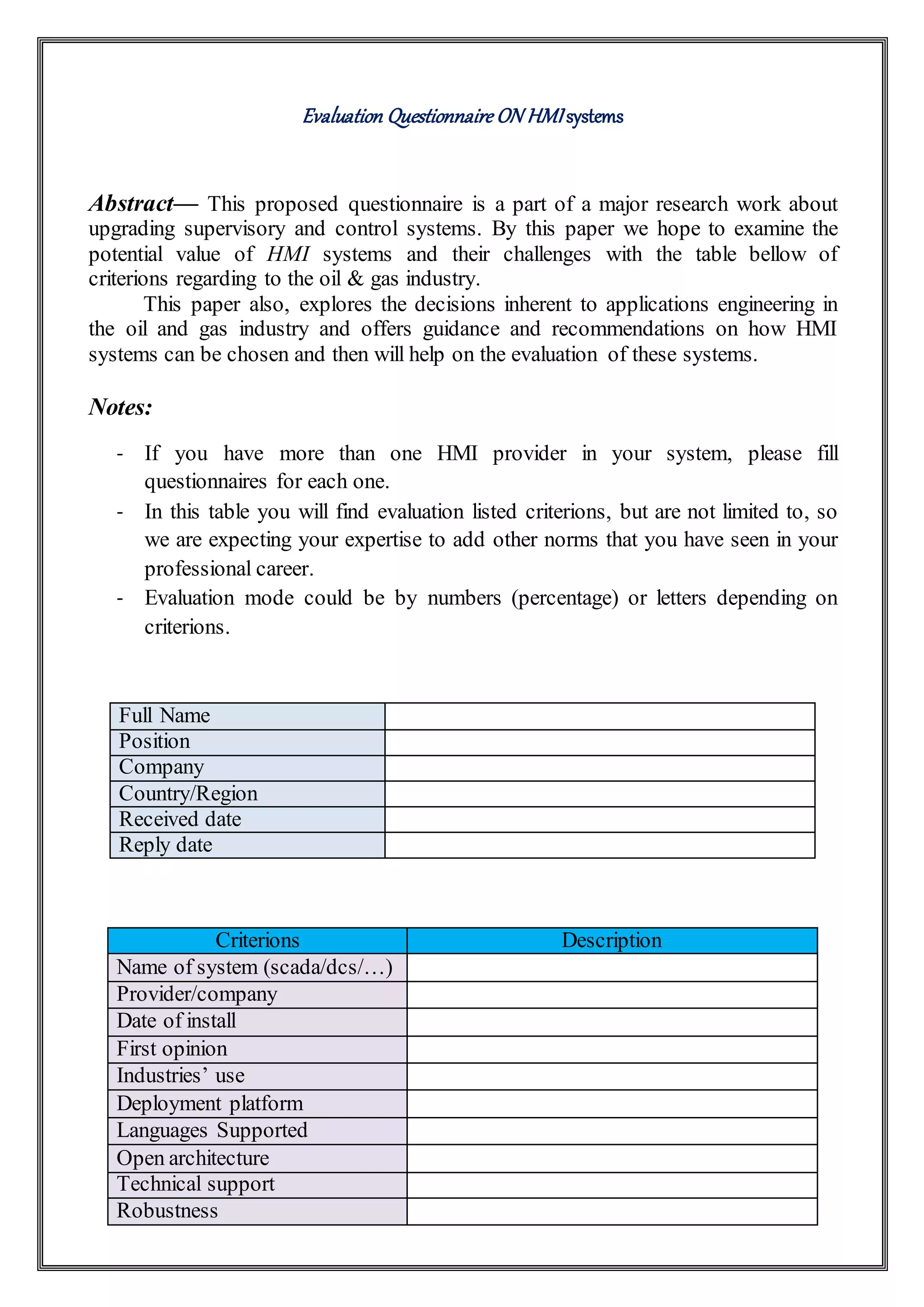 Evaluation Questionnaire on HMI systems | DOCX