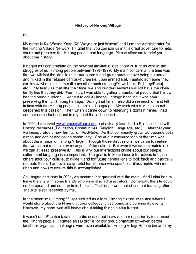 Hmong village history | DOCX | Social Networking | Internet