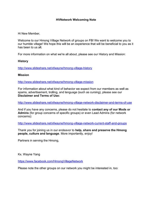 Hmong village network welcoming note | PDF